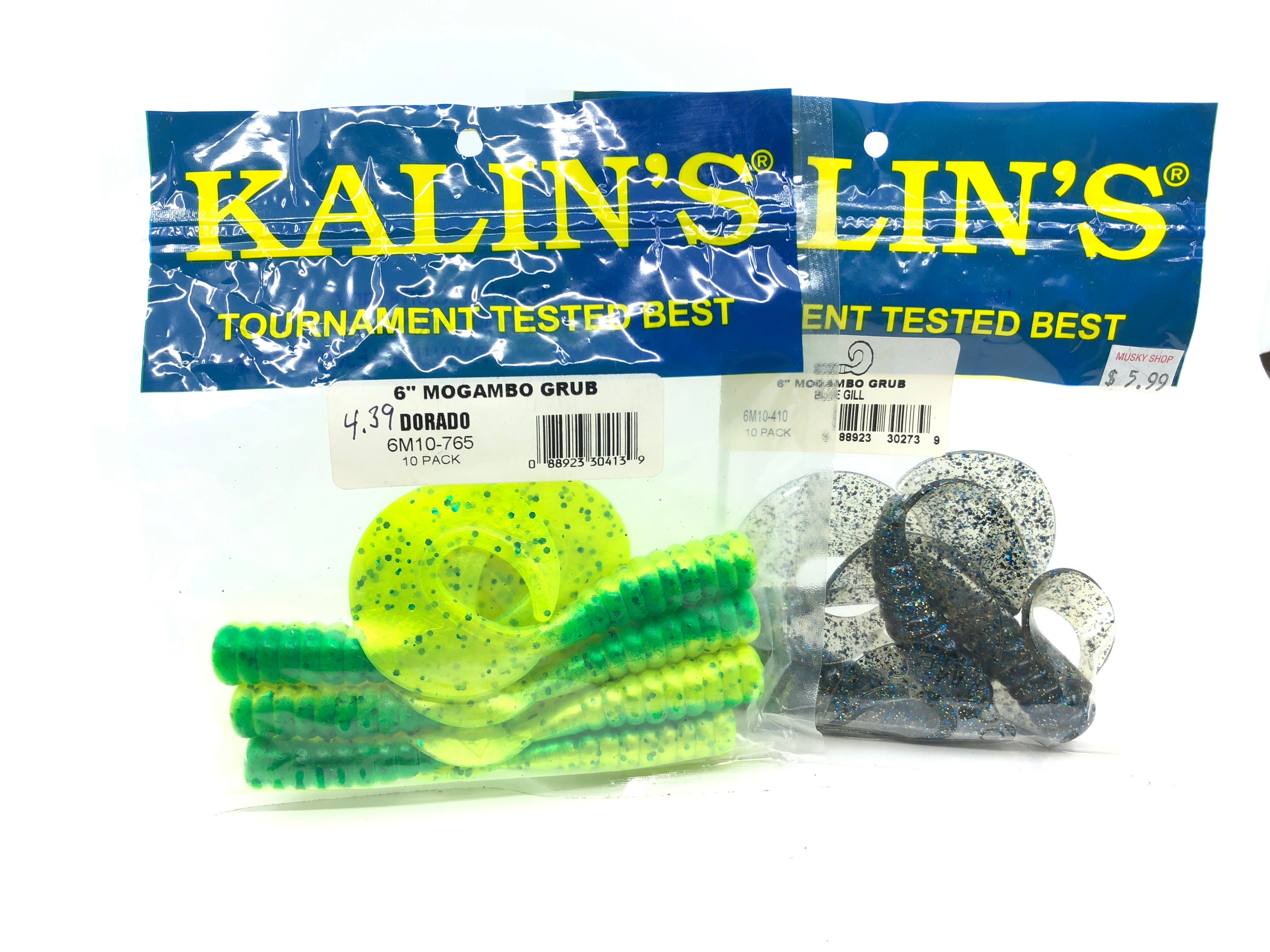 Kalin’s Packs of 6" Mogambo Grub Tails 7 Dorado Color 5 Blue Gill Colo ...